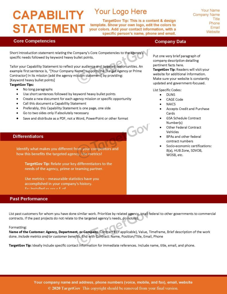 Capability Statement Editable Template - Red and Orange - TargetGov TargetGov